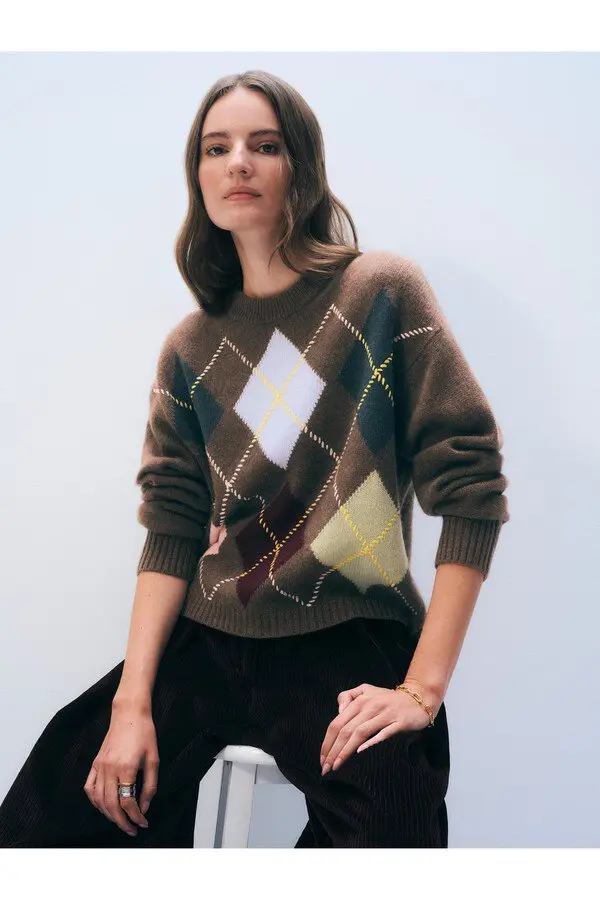 WHITE & WARREN Cashmere Argyle Crewneck Sweater