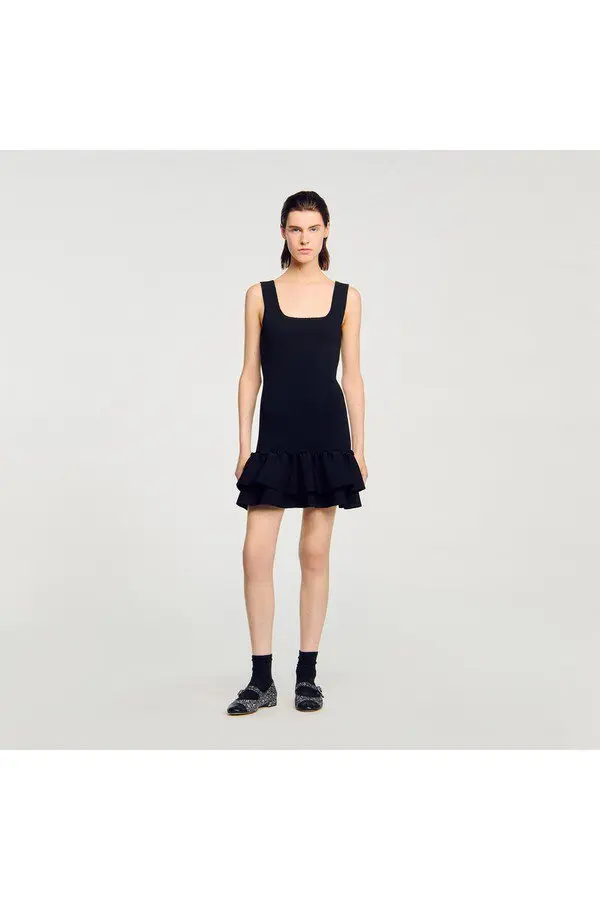 Sandro Mini Knit Dress With Ruffled Skirt - Black