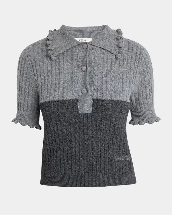 Chloé Bicolor Ruffle-trim Short-sleeve Polo Sweater