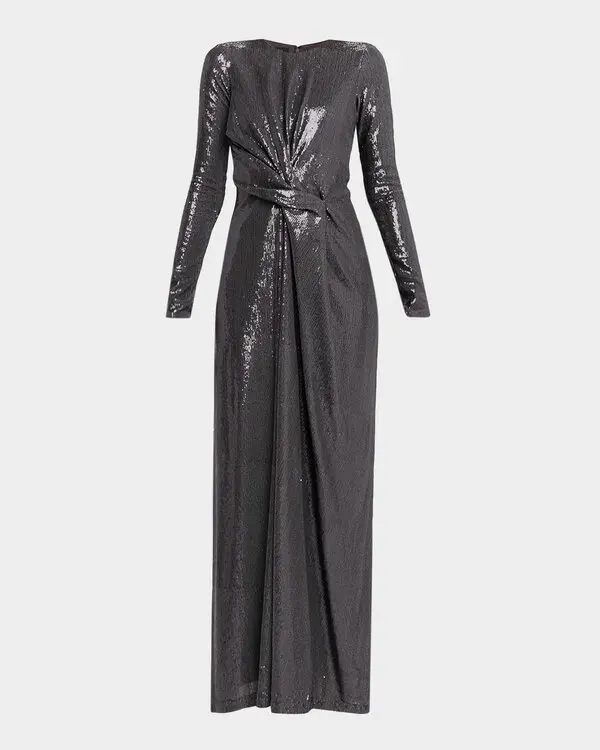 KATE BARTON Long-sleeve Draped Sequin Gown