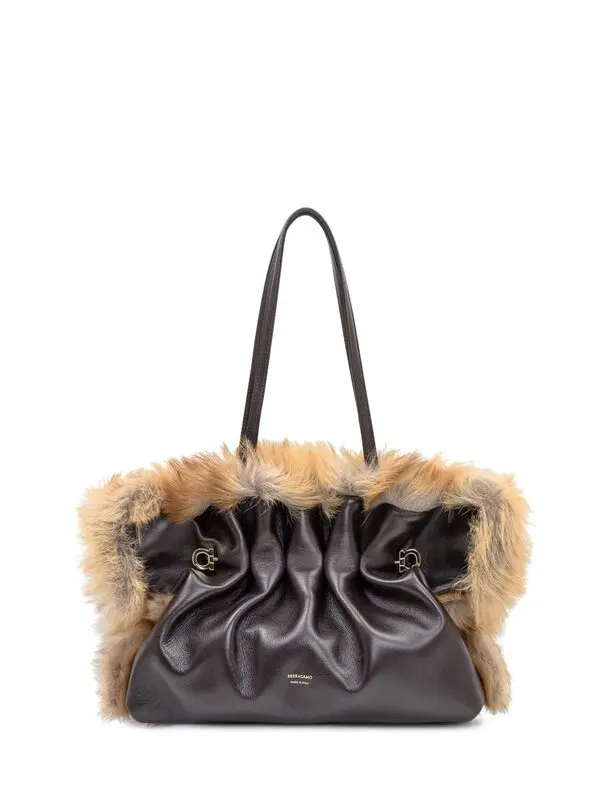 FERRAGAMO Soft Sh Leather And Fur Tote