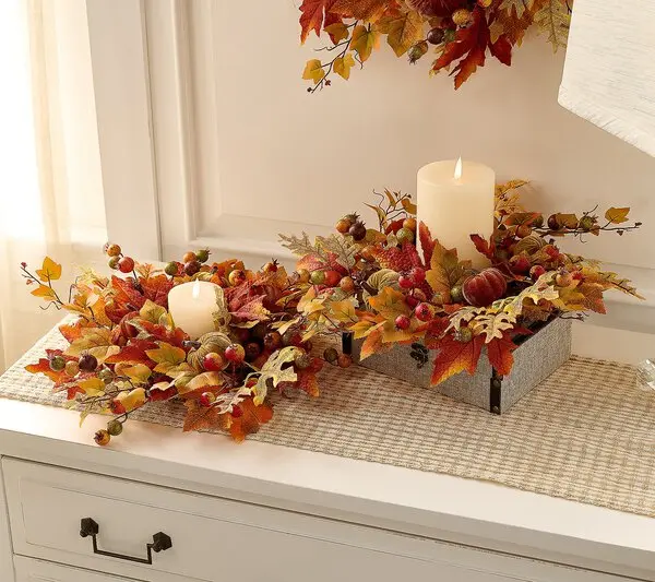 VALERIE PARR HILL As Is Set Of 16' Velvet Pumpkin, Leaf Wreath-5' Inner
