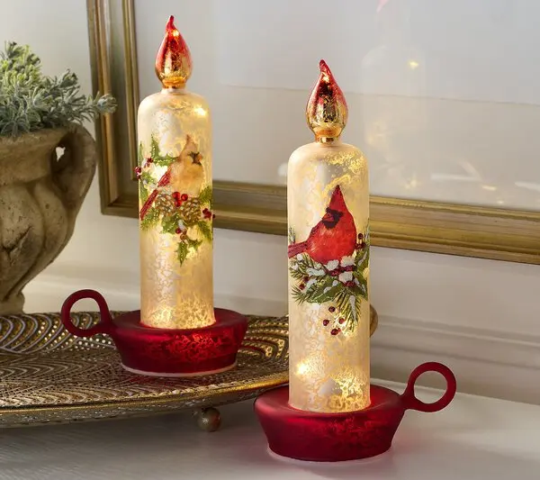 VALERIE PARR HILL As Is S 8.5' Illumin Glass Chamberstick Candles W/ Bird