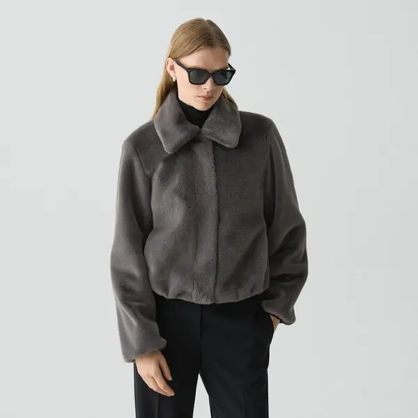 Theory Collared Faux Fur Jacket - Grey