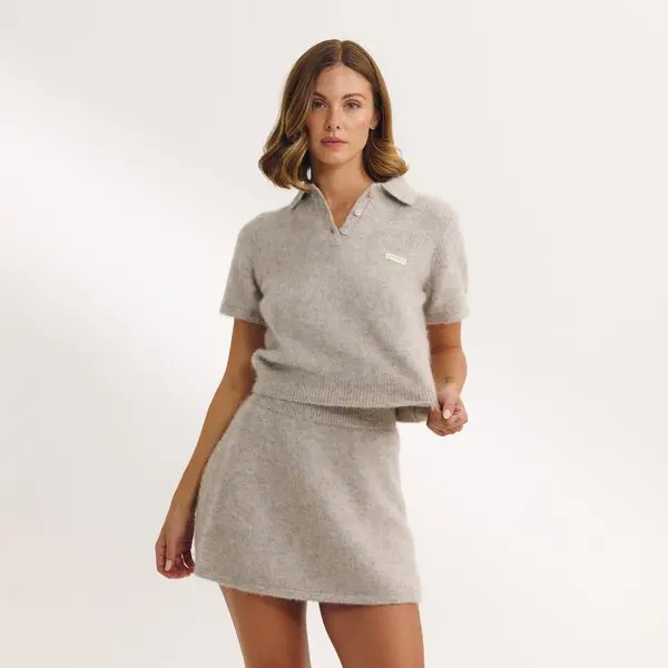 Lounge Knitted Alpaca Blend Polo Top - Brown
