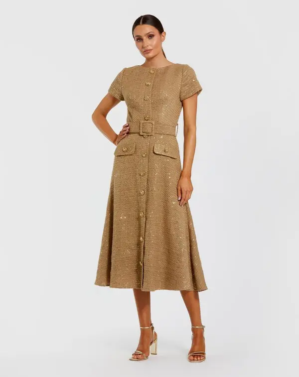 Mac Duggal Boucle Button-up Midi Dress