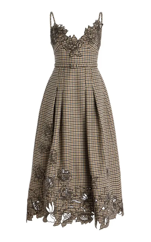 Oscar De La Renta Embroidered Pied De Poule Wool Midi Dress