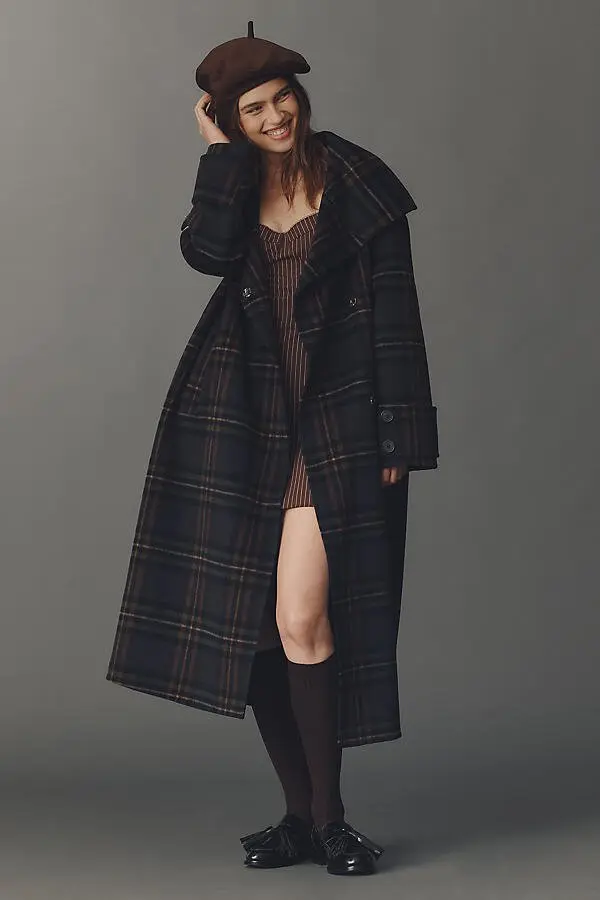 Anthropologie Wool Blend Check Funnel-neck Coat Jacket