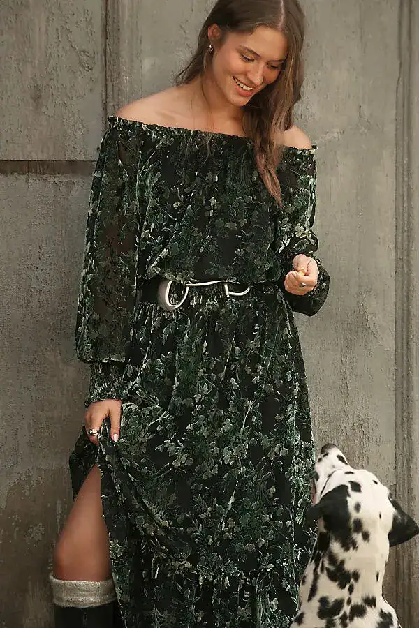 Anthropologie Smocked Off-Shoulder Velvet Maxi Dress In Green Pattern - 30%  Off | Editorialist