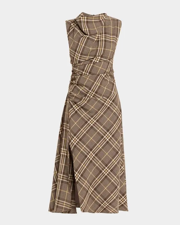 Simkhai Burke Draped Plaid Midi Dress - Chocolate