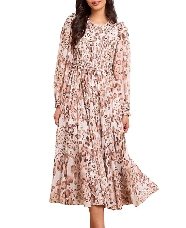 NEEDLE & THREAD Leopard Chiffon Smocked Ballerina Dress - Moonshine