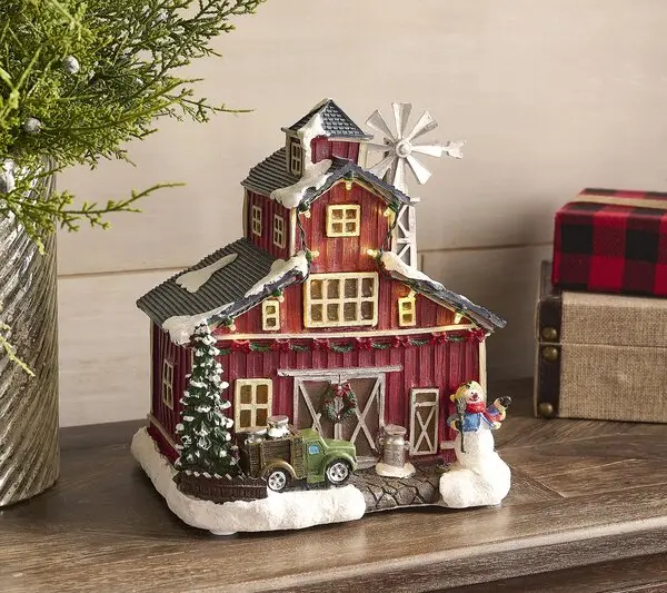 VALERIE PARR HILL Illuminated Barn With Truck And Snowman Valerie