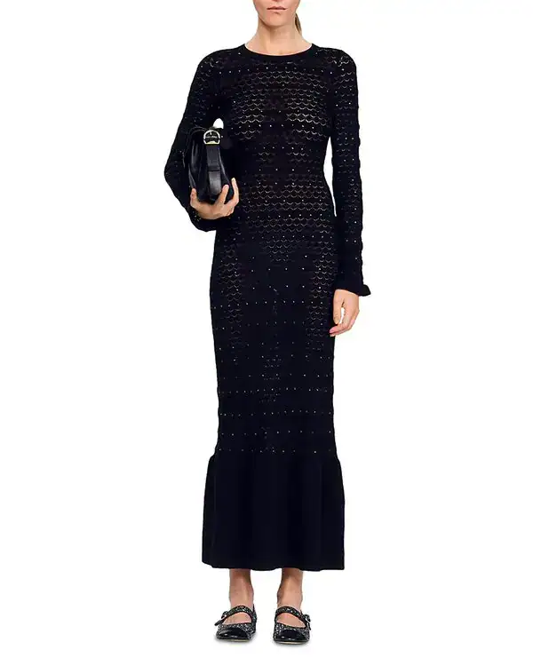 Sandro Rhinestone Knit Maxi Dress In Black - 50% Off | Editorialist