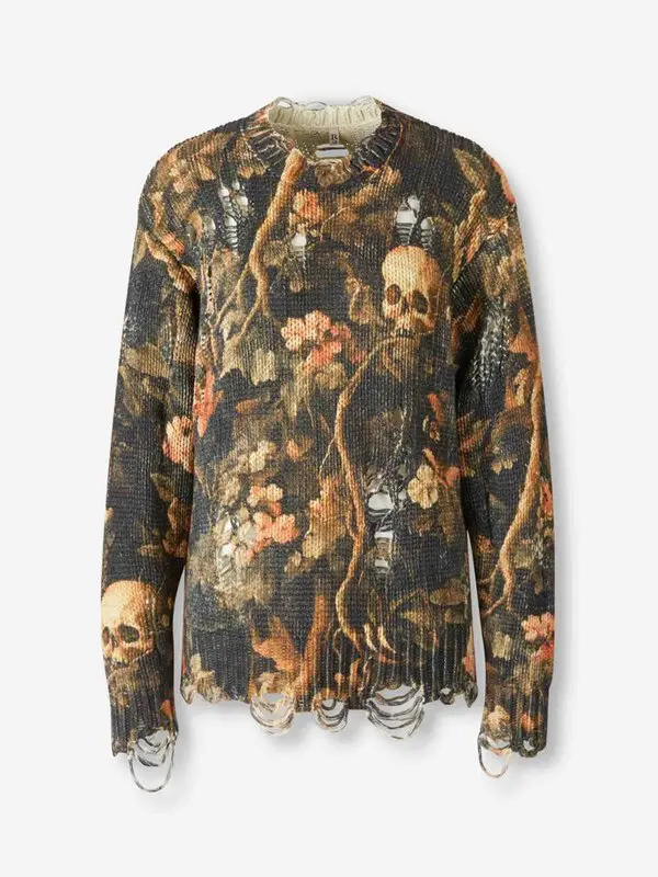 R13 Floral Skull Camo Print Cotton Sweater