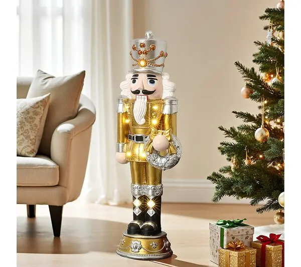LUXEN HOME Luxenhome 3ft Lighted Gold Nutcracker With Silv Er Wreath