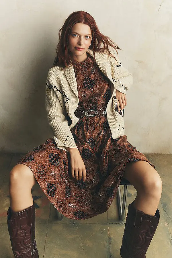 The Great. Tulsa Midi Dress - Brown Pattern