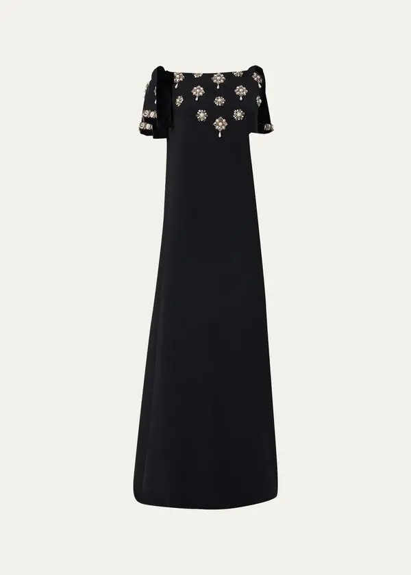 Carolina Herrera Embellished Bow-shoulder Crepe Gown