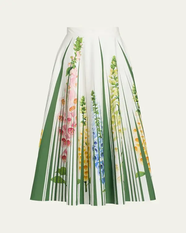 Oscar De La Renta Foxgloves Cotton Poplin A-line Midi Skirt
