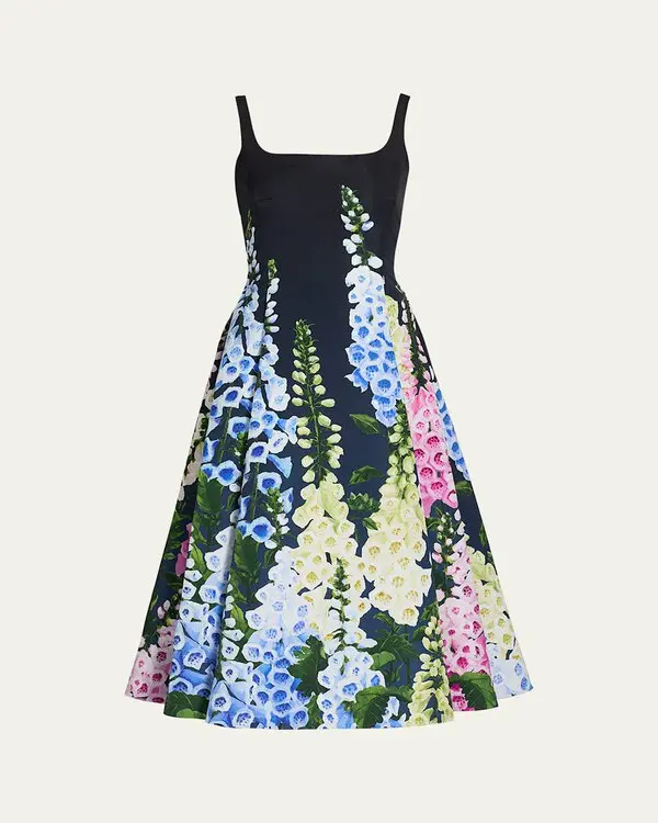 Oscar De La Renta Multi Foxglove Degrade Printed Faille Midi Cocktail Dress - Navy Multi