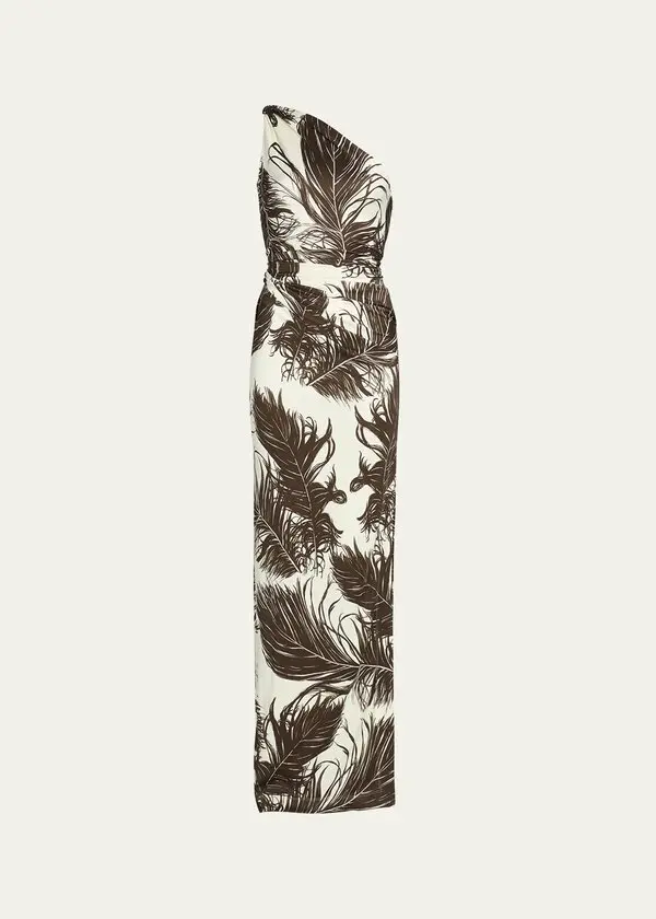 Oscar De La Renta Feather-print One-shoulder Gown
