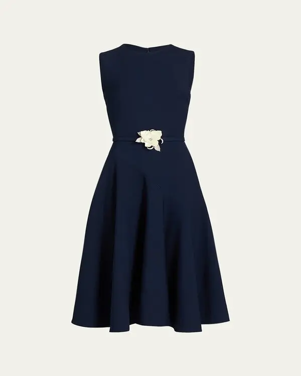 Oscar De La Renta Sleeveless Crystal Belted Stretch Wool Midi Dress