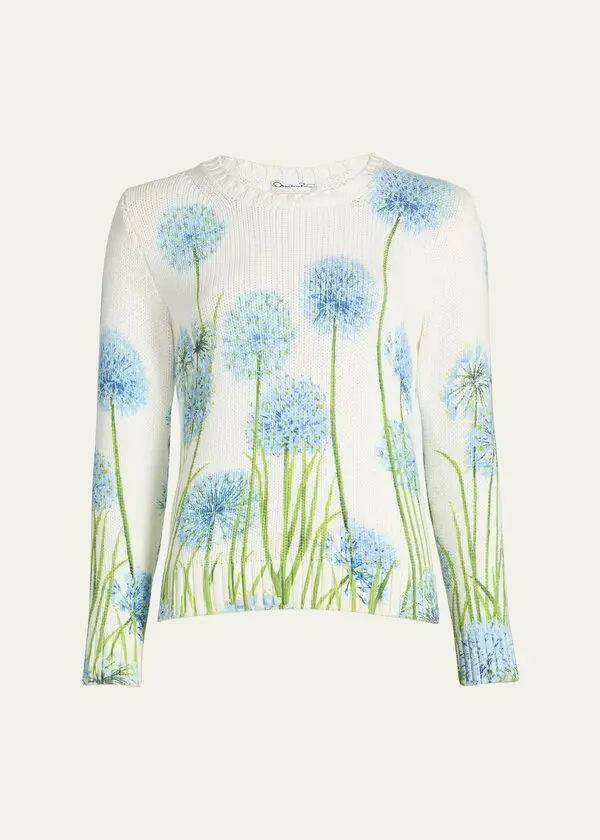 Oscar De La Renta Allium-print Cotton Knit Crewneck Sweater