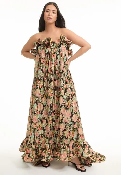 JUNE + VIE Ruffled Metallic Maxi Dress