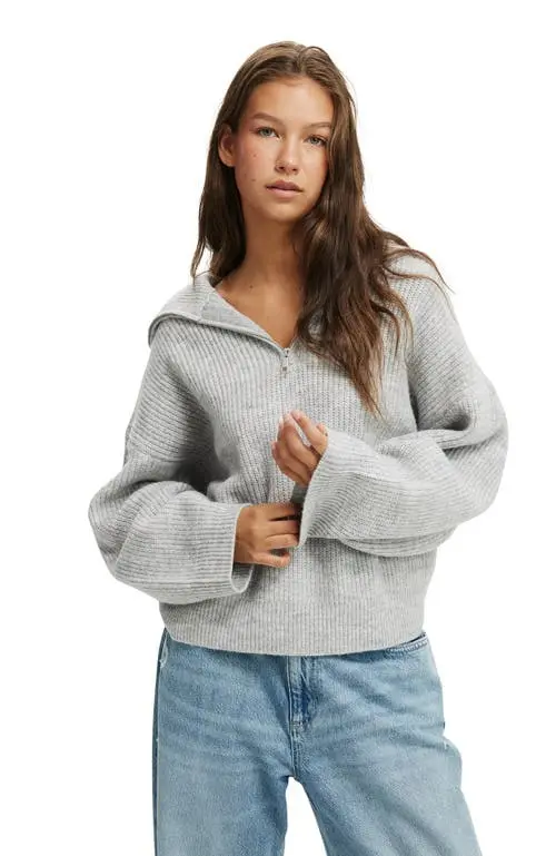 COTTON ON Luxe Half Zip Pullover - Grey Marle