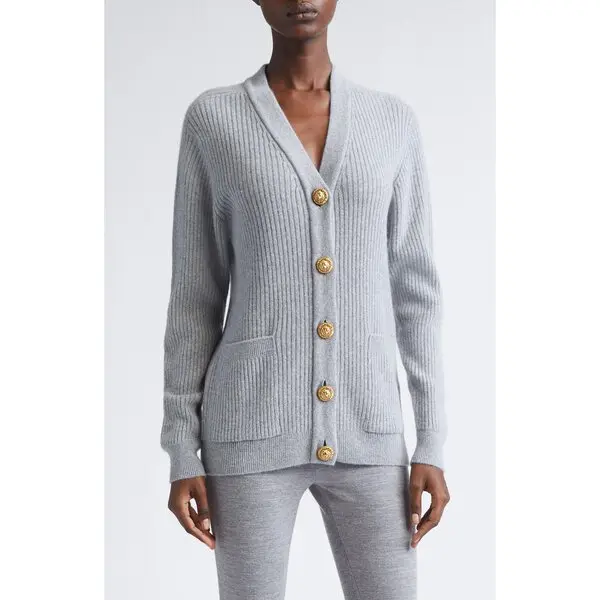 Balmain Button Detail Rib Cashmere & Virgin Wool Cardigan