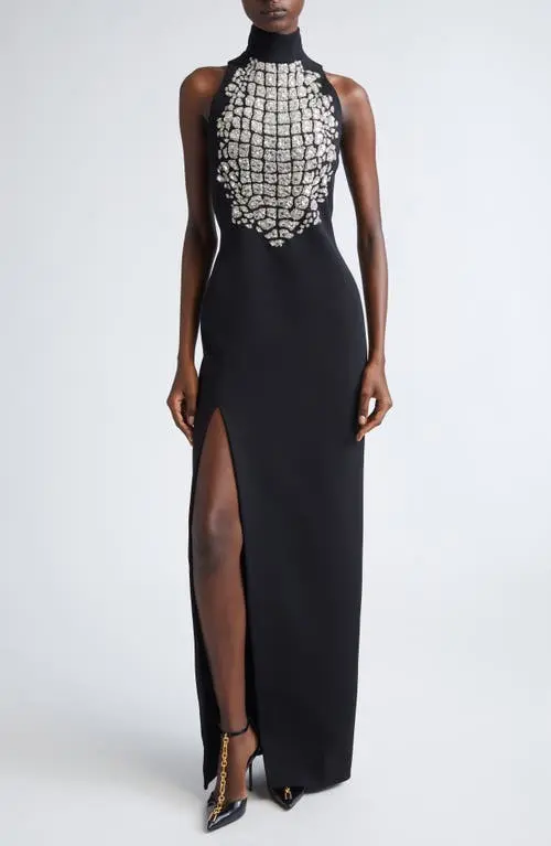 Balmain Beaded Croc-embellished Slit Gown - Black/crystal