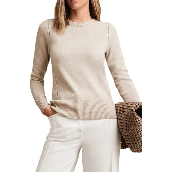 REISS Anya Pointelle Accent Crewneck Sweater - Oatmeal Neutral