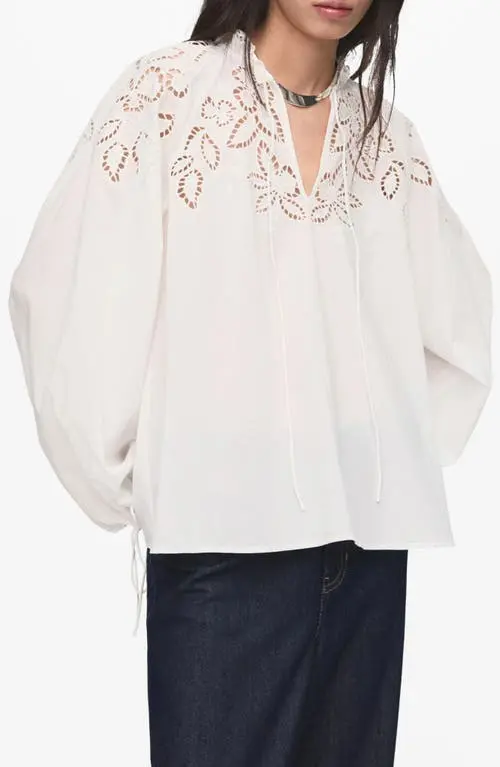 Mango Embroidered Eyelet Tie Cuff Long Sleeve Top