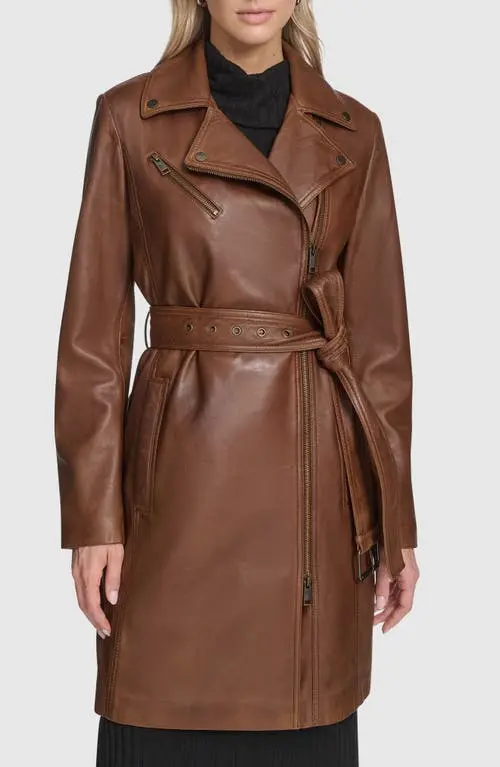 Andrew Marc Jacqui Leather Trench Coat - Cognac