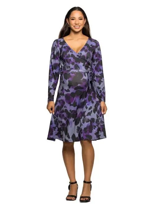 24SEVEN COMFORT APPAREL Printed Long Sleeve Wrap Dress With Belt - Purple Multi