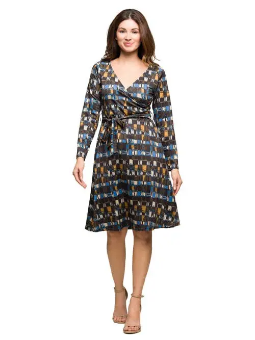 24SEVEN COMFORT APPAREL Geometric Print Long Sleeve Wrap Dress With Belt - Brown Multi