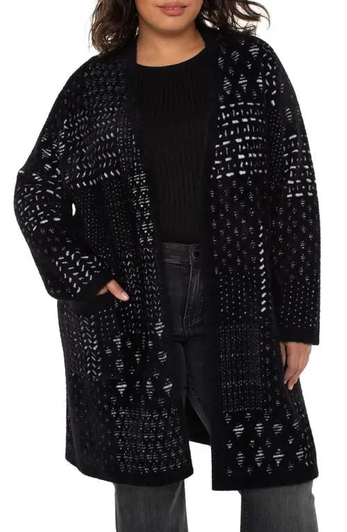 LIVERPOOL Fuzzy Jacquard Sweater Coat - Black White Patchwork