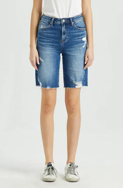 BAYEAS Raw Hem High-waist Knee-length Denim Shorts