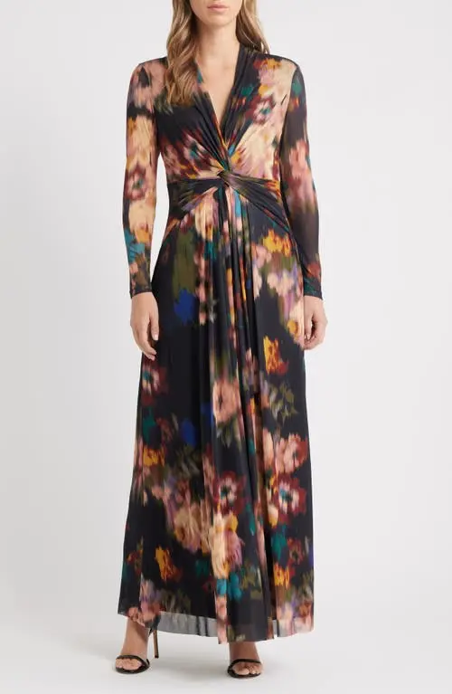 Anne Klein Floral Twist Front Long Sleeve Mesh Maxi Dress - Anne Black Multi