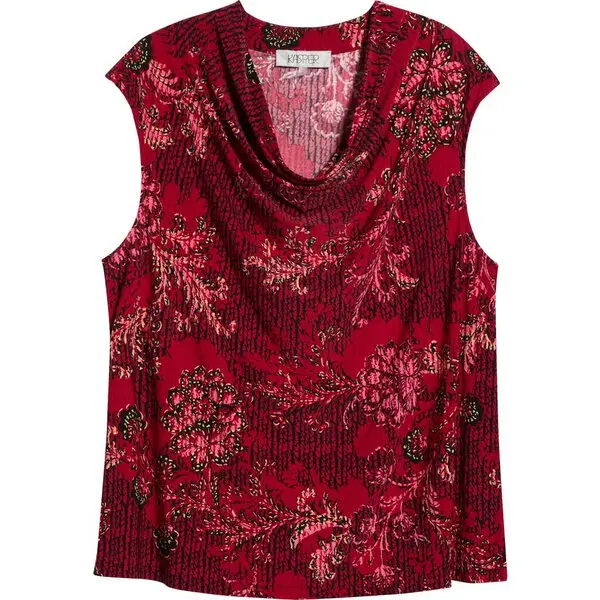 KASPER Floral Cowl Neck Cap Sleeve Top - Red/black Multi