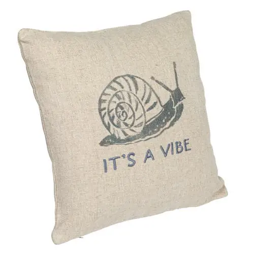 STORIED HOME 16" Square Linen Blend Printed Pillow With Snail And "it's A Vibe" Text Embroidery