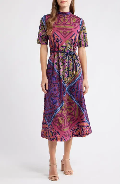 Anne Klein Print Tie Belt Midi Dress - Distant Mountain Multi
