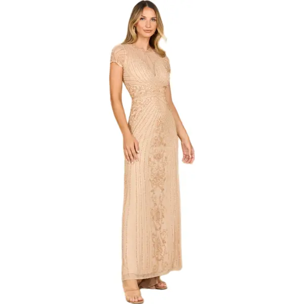 LARA NEW YORK Beaded Cap Sleeve Illusion Plunge Gown - Champagne