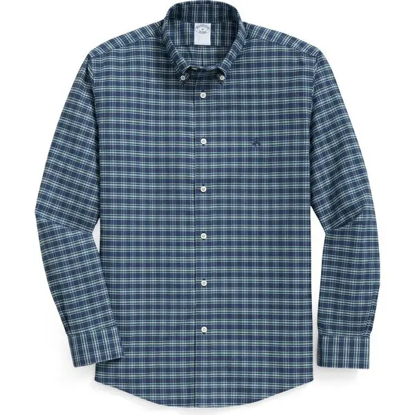 Brooks Brothers Plaid Wrinkle Resistant Stretch Cotton Button-down Shirt - Navy Green Heron Check
