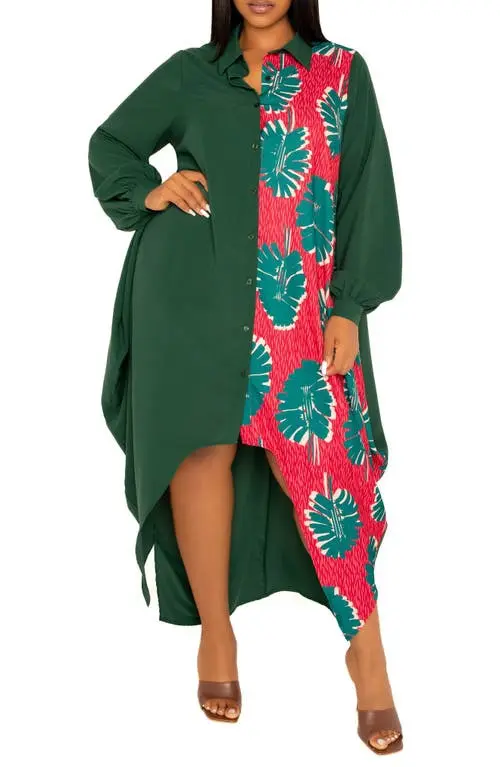 BUXOM COUTURE Solid & Print Long Sleeve Asymmetric Maxi Shirtdress - Green Multi