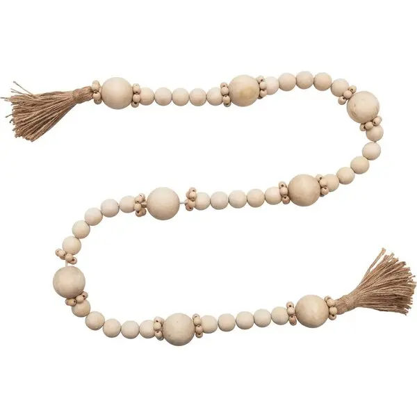 STORIED HOME Wood Bead Garland With Jute Tassels