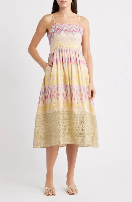 HOLICHIC Emma Embroidered Fit & Flare Midi Dress - Pink/yellow