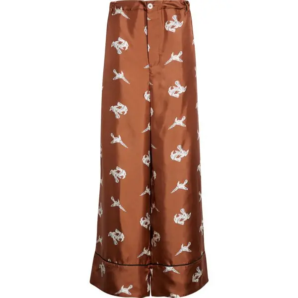 Marni Raven Print Silk Twill Wide-leg Pants