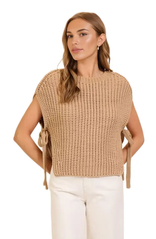 KNIT & LOUNGE Sleeveless Knit Sweater With Side Tie Detail