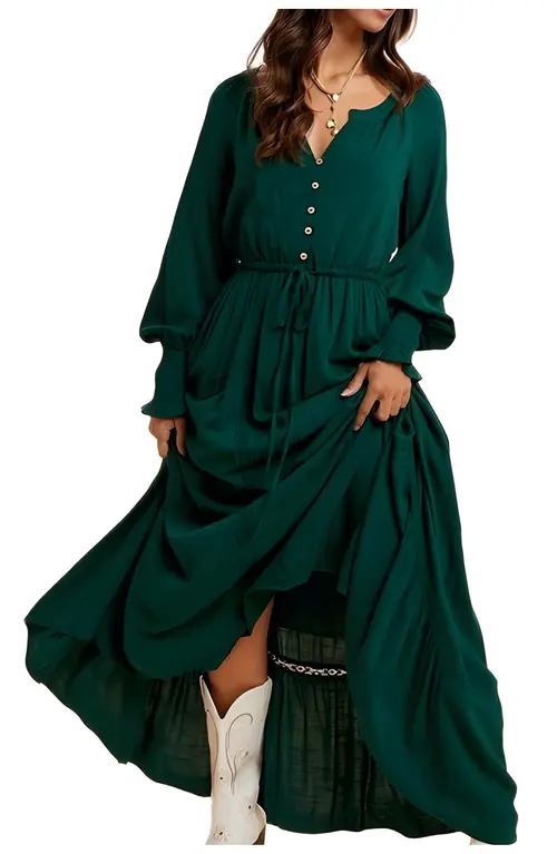 KNIT & LOUNGE Long Sleeve Button Front Maxi Dress With Waist Tie