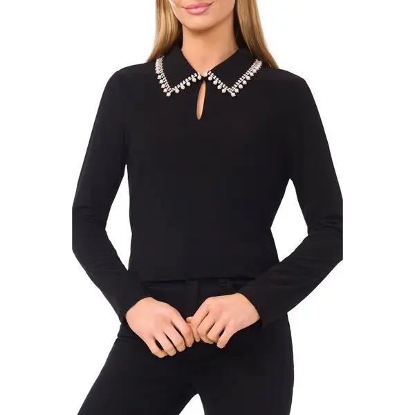 CECE DUPRAZ Faux Pearl & Rhinestone Knit Top - Rich Black